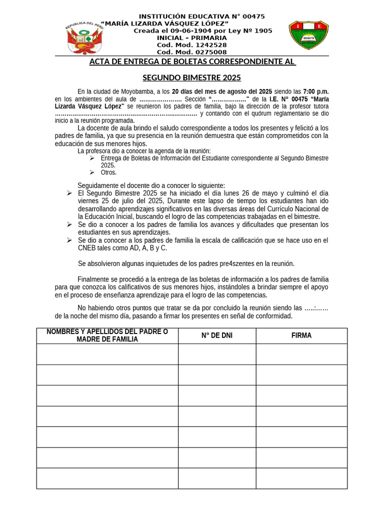 ACTA DE ENTREGA DE BOLETAS 2025 | PDF | Maestros | Aprendizaje