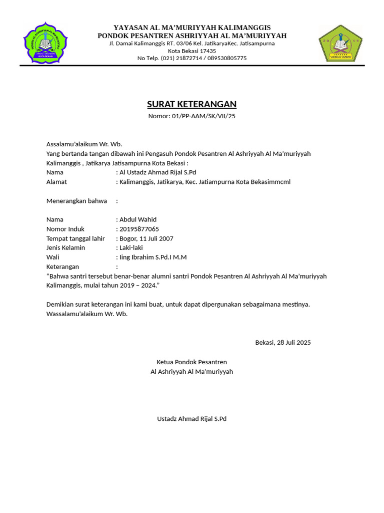 Surat Keterangan Santri | PDF