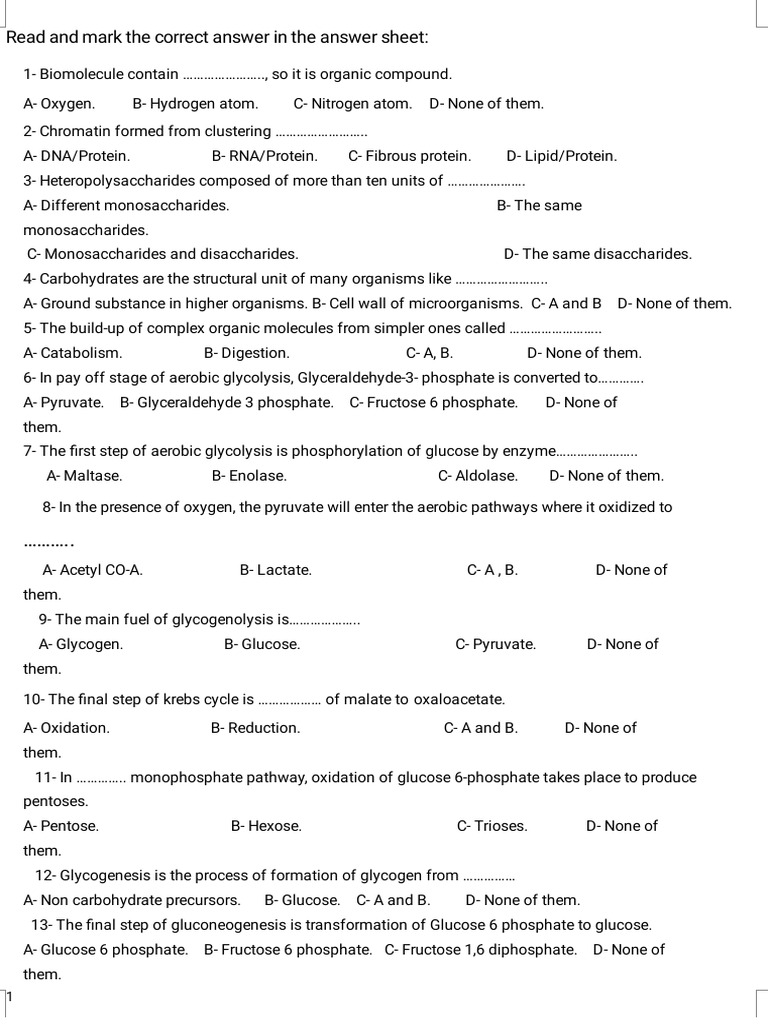 Biochemistry Quiz: Biomolecules & Metabolism | PDF | Glycolysis | Glucose