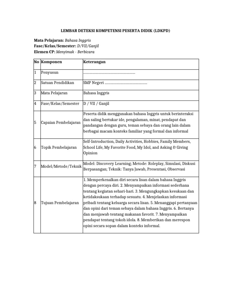 LDKPD Bahasa Inggris Kelas7 SemGanjil | PDF