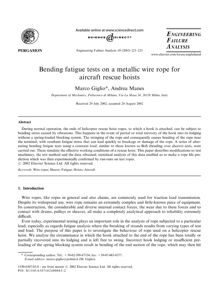 2003 Bending Fatigue Tests On A Metallic Wire Rope For Aircraft Rescue ...