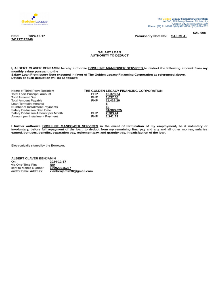 Salary Loan Deduction Authorization | PDF | Loans | Promissory Note