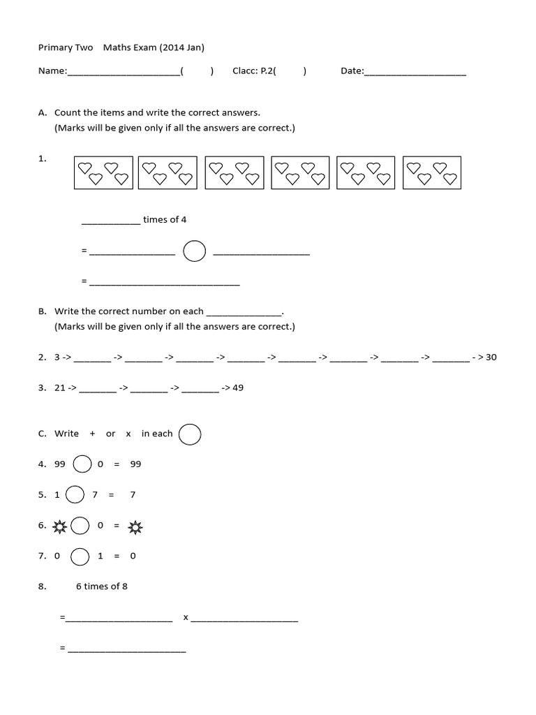 Primary Two Maths Exam 2014-01 | PDF