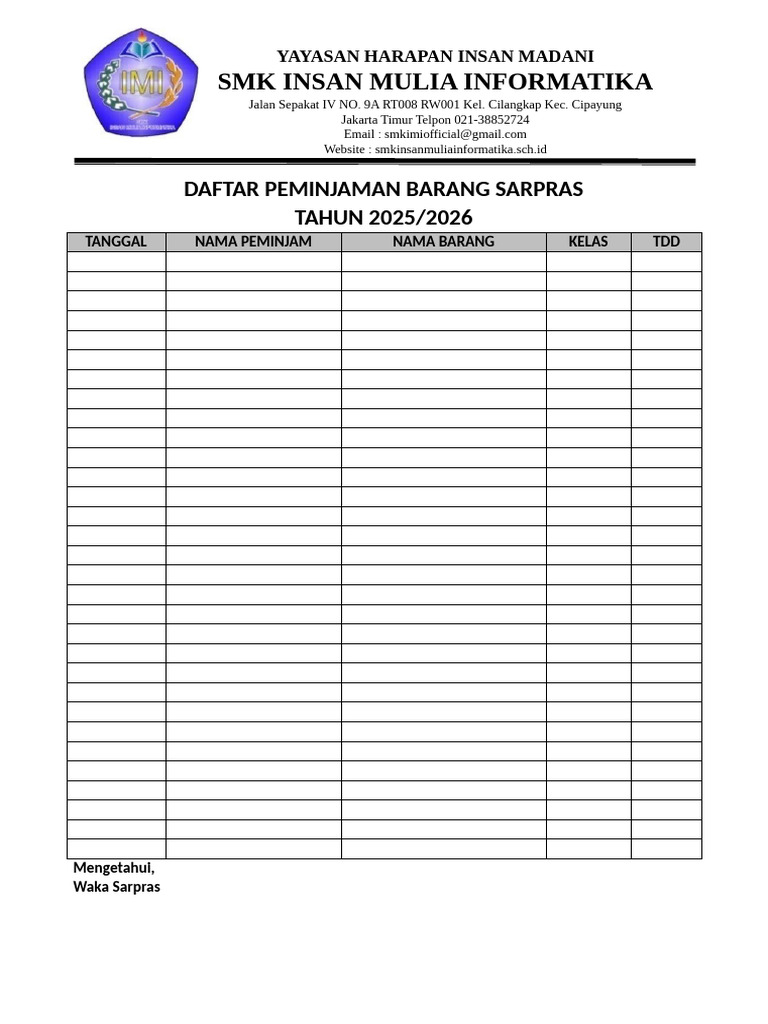 Daftar Peminjaman Sarpras 2025/2026 | PDF