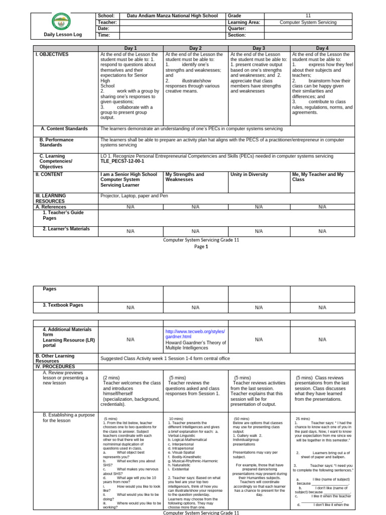 DLL_CSS11_week1 (2) | PDF | Teachers | Behavior Modification