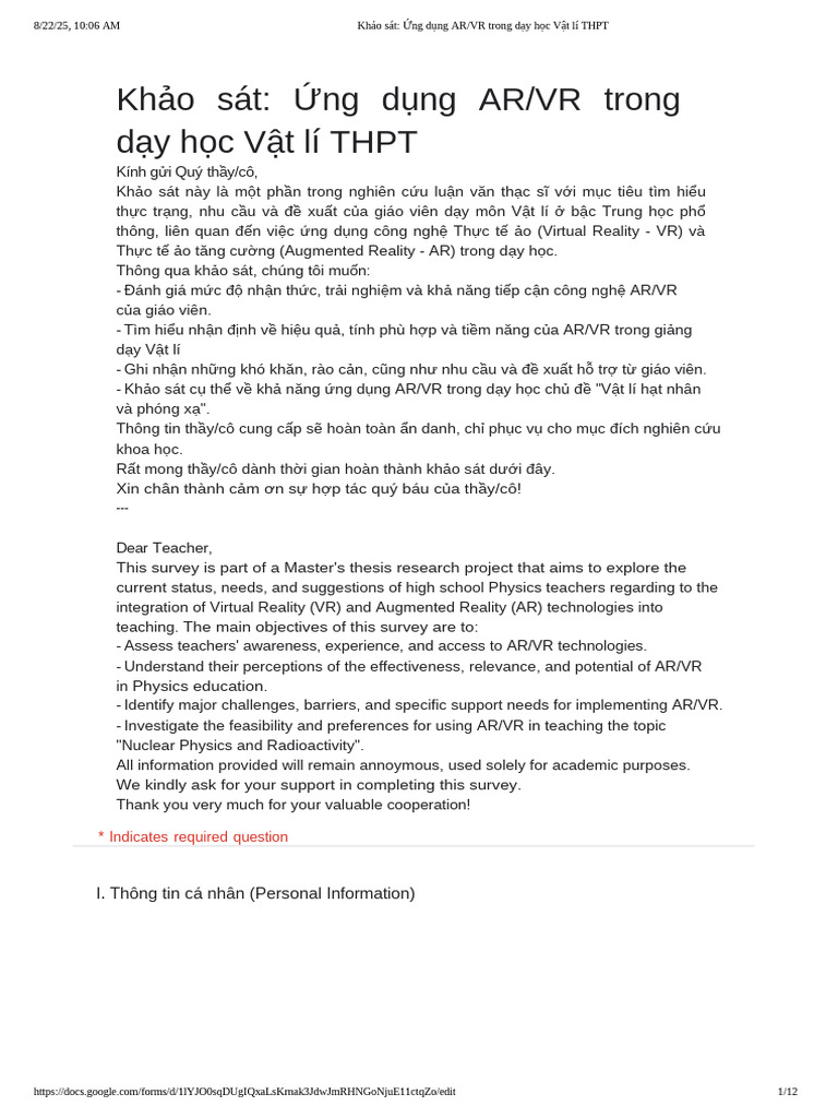 Khảo Sát - Ứng Dụng AR - VR | PDF