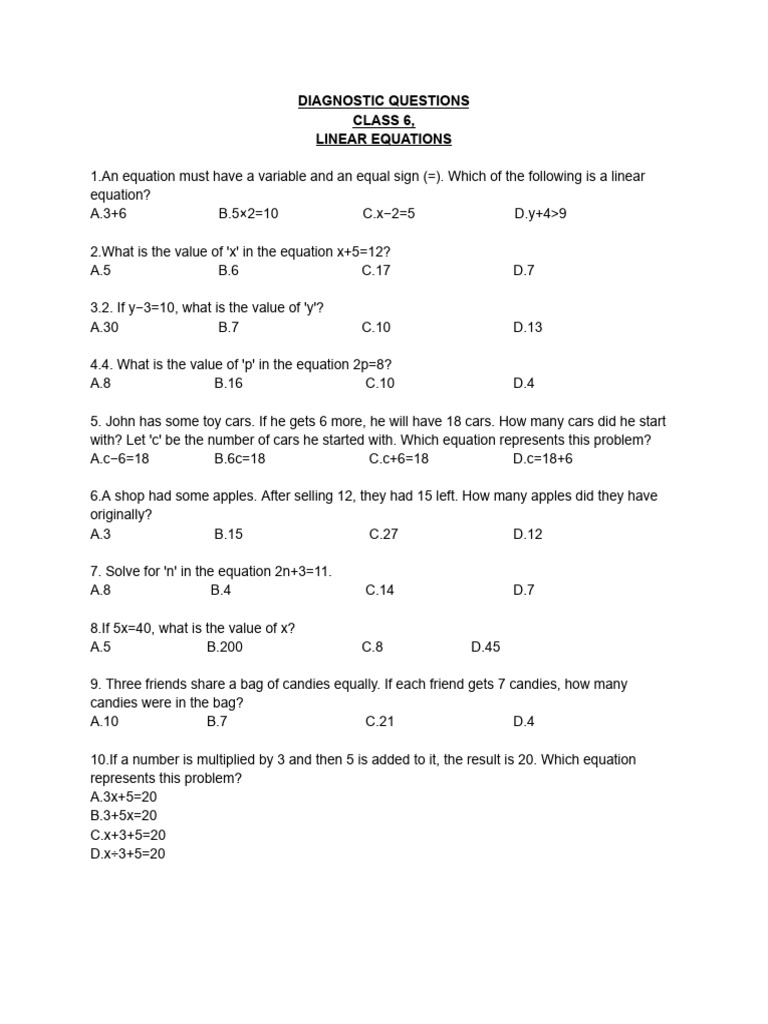 Class 6 Linear Equations Worksheet | PDF