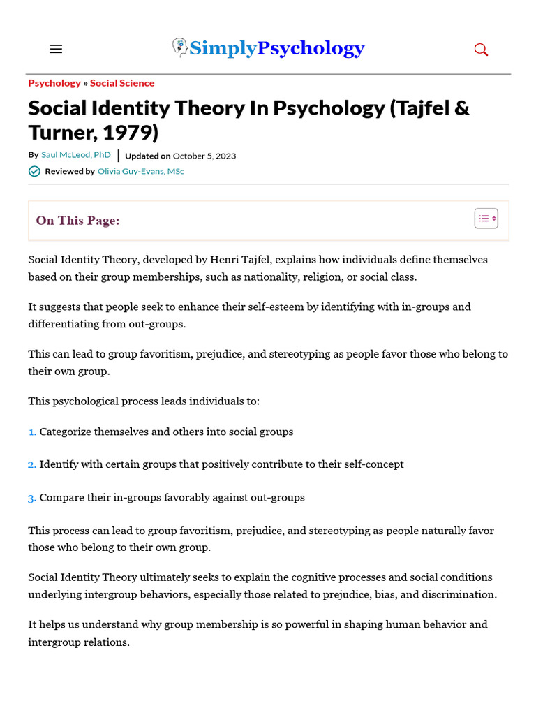 Social Identity Theory in Psychology (Tajfel & Turner, 1979) | PDF ...