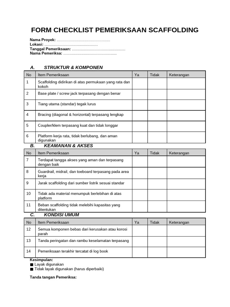Checklist Pemeriksaan Scaffolding | PDF