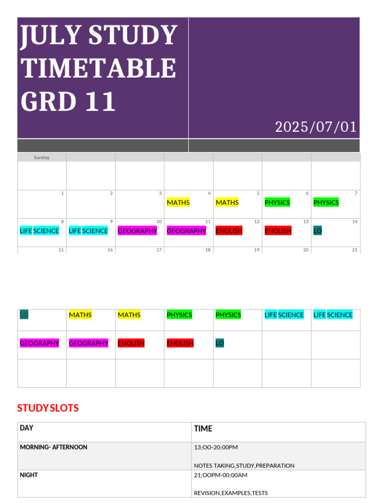 July Study Timetable GRD 11 | PDF