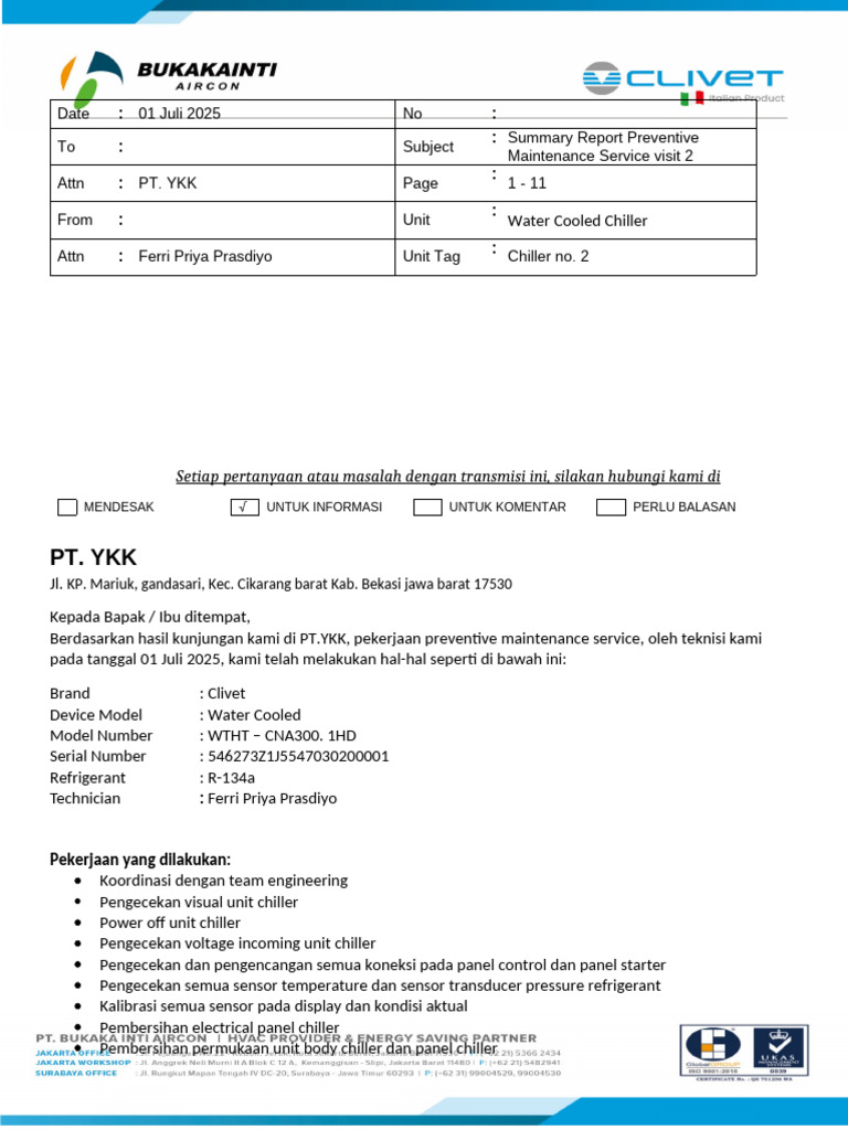 Summary Report Preventive Maintenance PT. YKK Chiller Clivet 02 Visit 02 | PDF