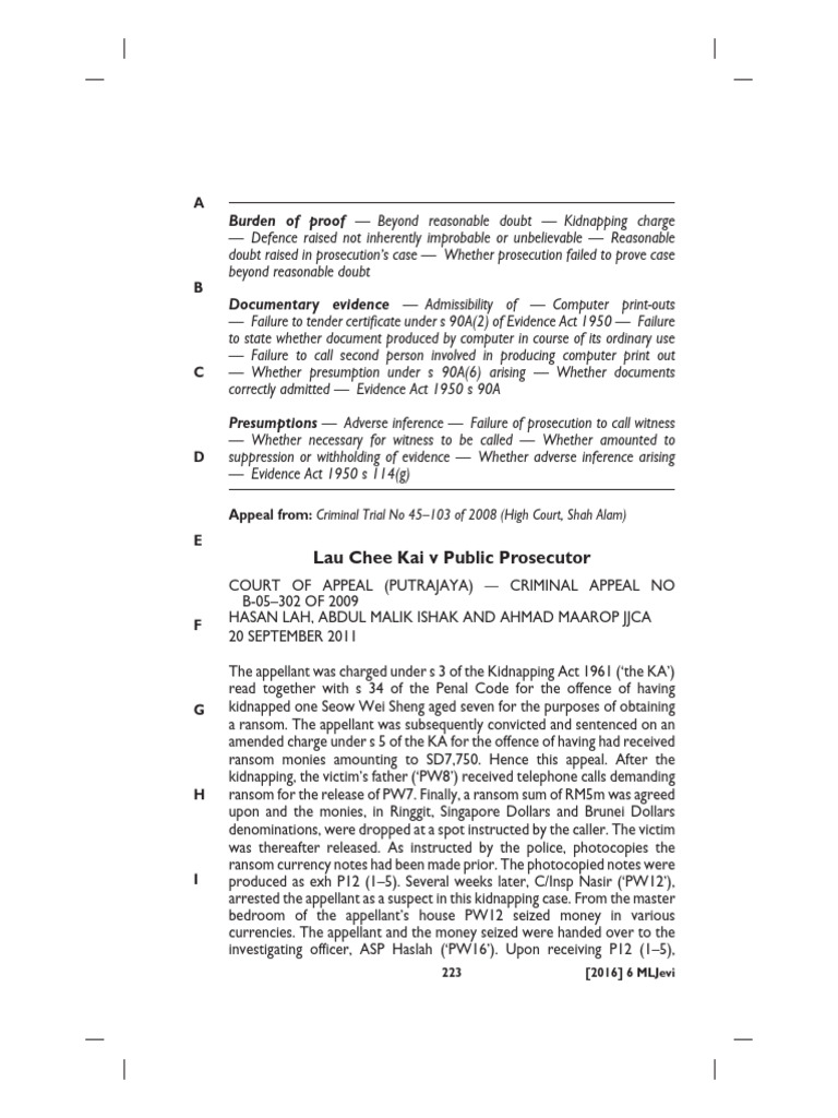 Lau Chee Kai V Public Prosecutor (2016) 6 MLJevi 223 | PDF | Hearsay ...