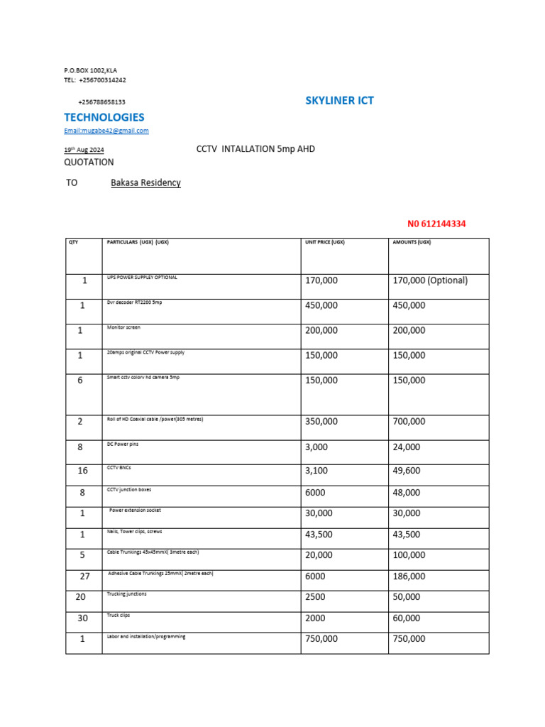 CCTV Installation Quotation for Bakasa | PDF | Information And ...