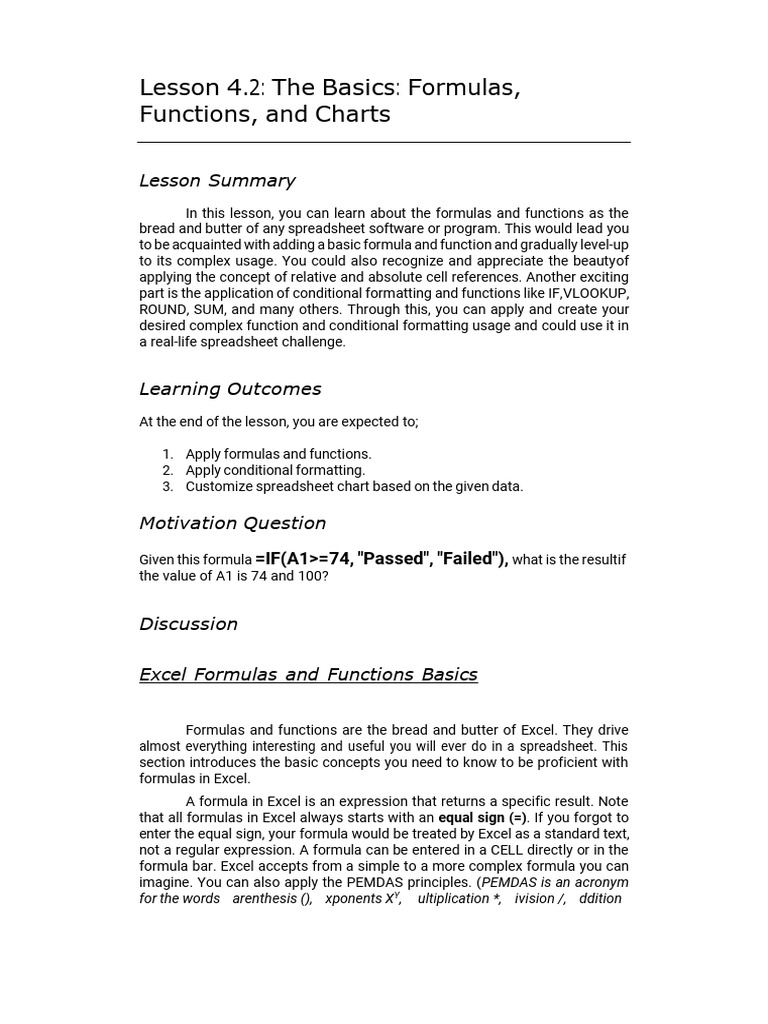 Lesson 4.2 the Basics Formulas Functions and Charts | PDF | Spreadsheet ...