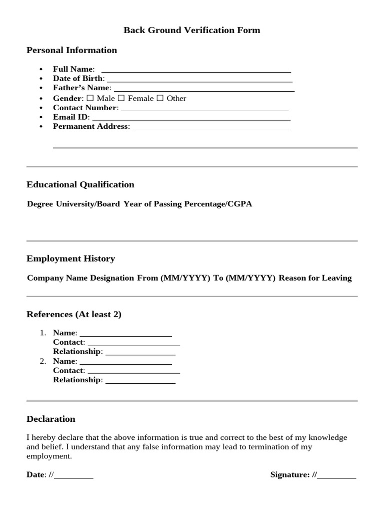 Background Verification Form | PDF