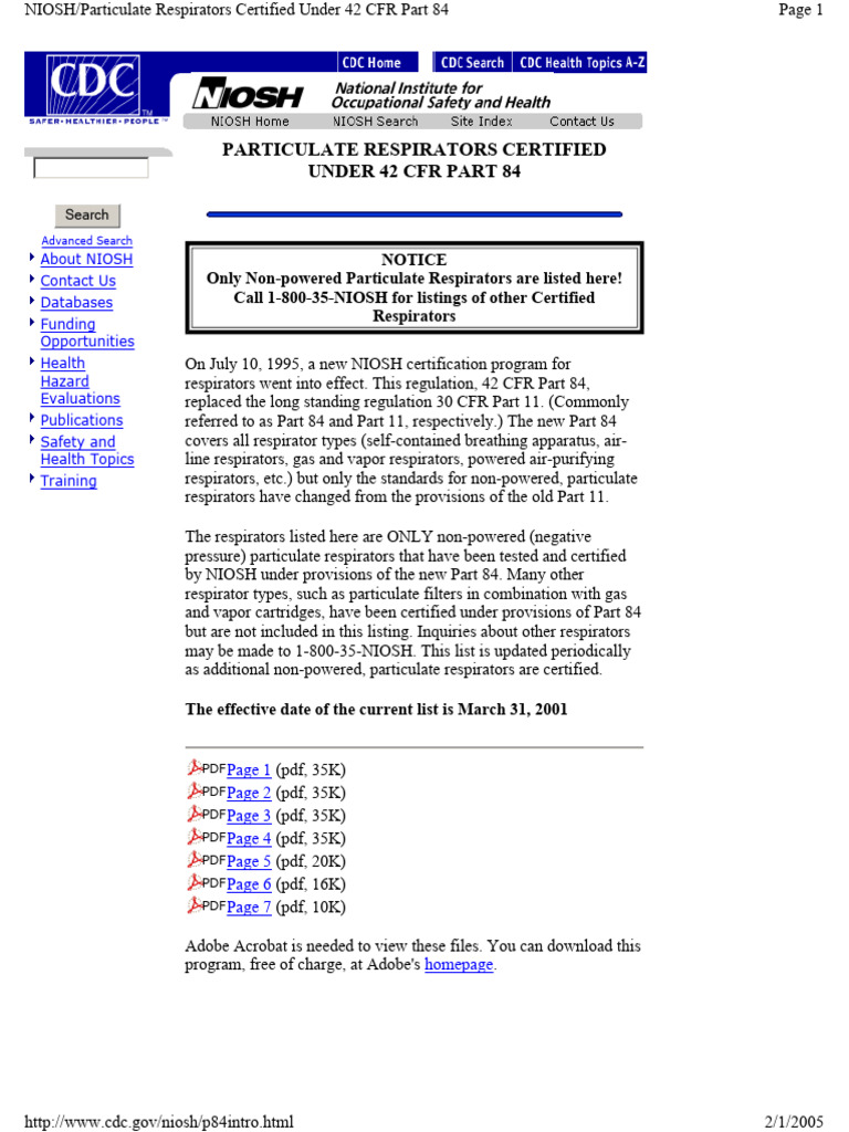 Particulate Respirators Certified Under 42 CFR Part 84 | PDF ...