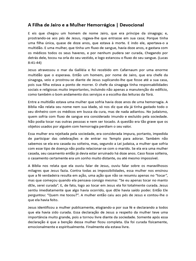Fé e Milagres: Jairo e a Hemorrágica | PDF | Jesus | Morte
