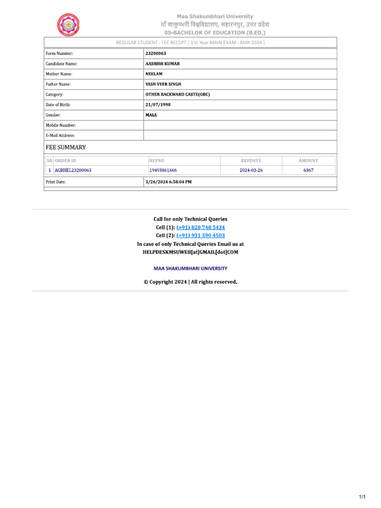 MSU Fee Slip | PDF