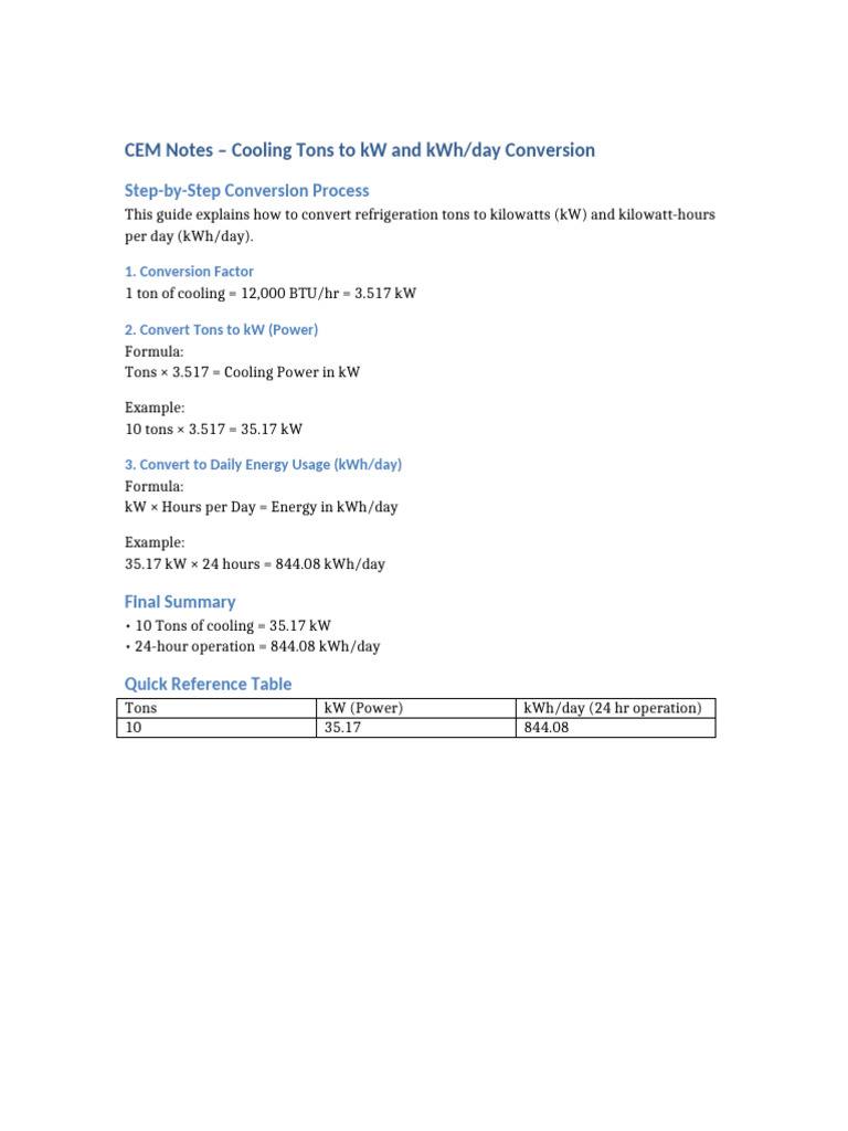 Cooling Tons to kW Conversion Guide | PDF