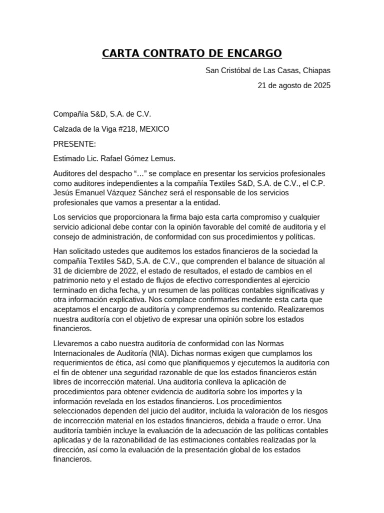 Carta Contrato de Encargo | PDF | Auditoría | Estado financiero
