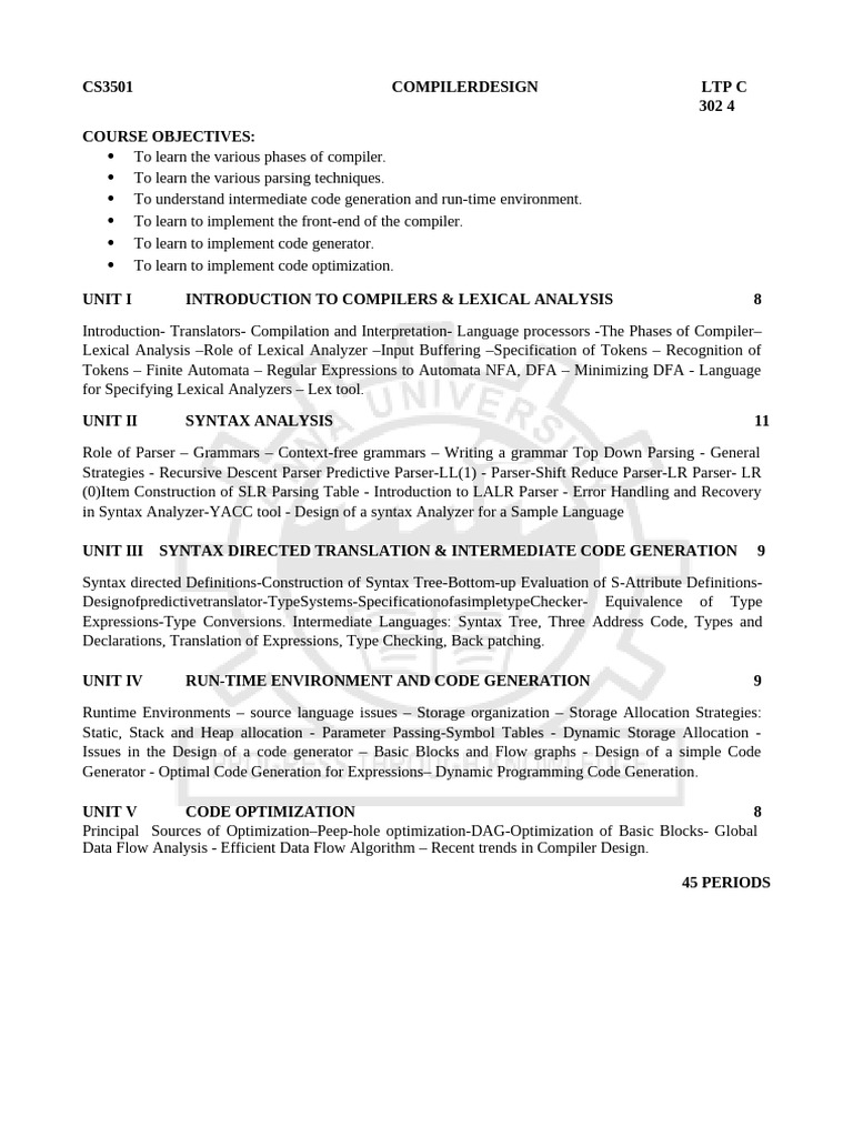 CS3501 Compiler Design Syllabus | PDF | Parsing | Compiler