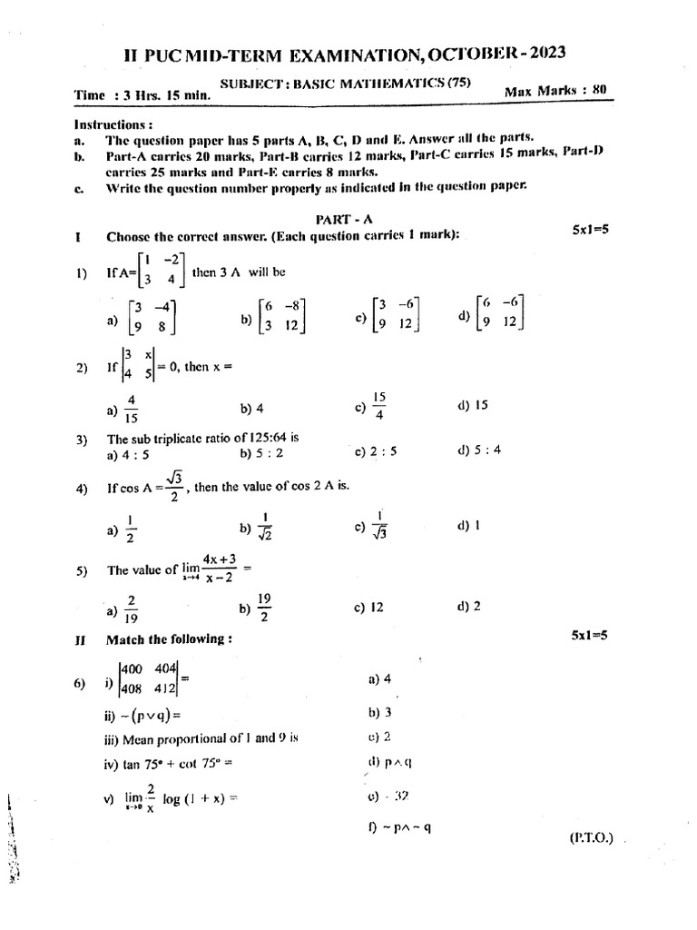 Puc 2 Mid Term Basic Mathematics 75 Oct 2023 | PDF