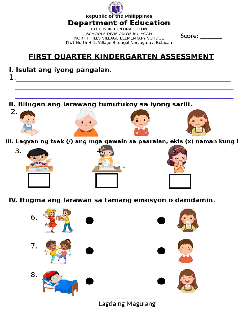 First Quarter Assessment Kinder | PDF