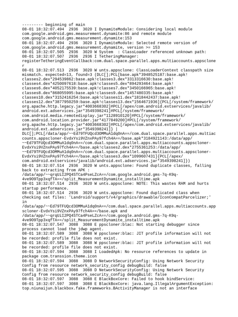 Com - Dual.space - Parallel.apps - Multiaccounts.appscloner Logcat | PDF | Android (Operating ...