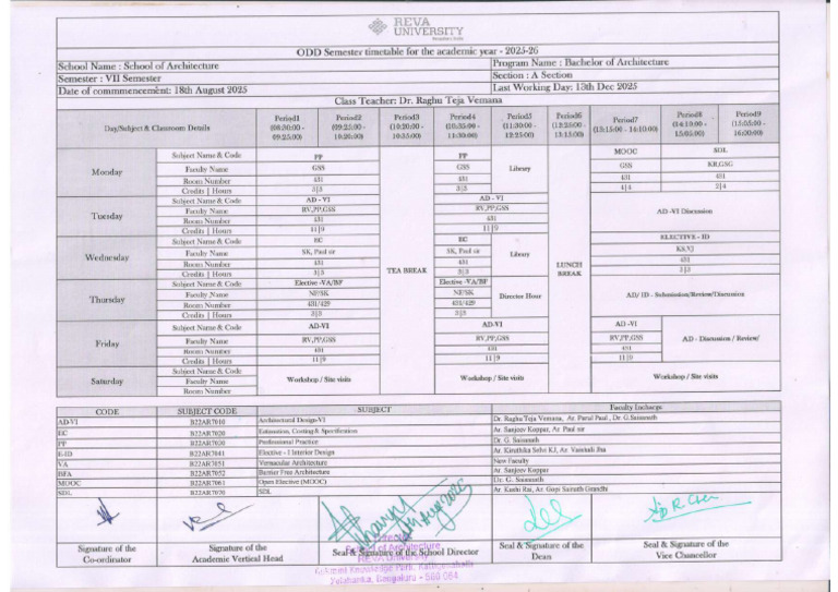 VII Semester A Sec Time Table AY 2025-26 - Approved | PDF
