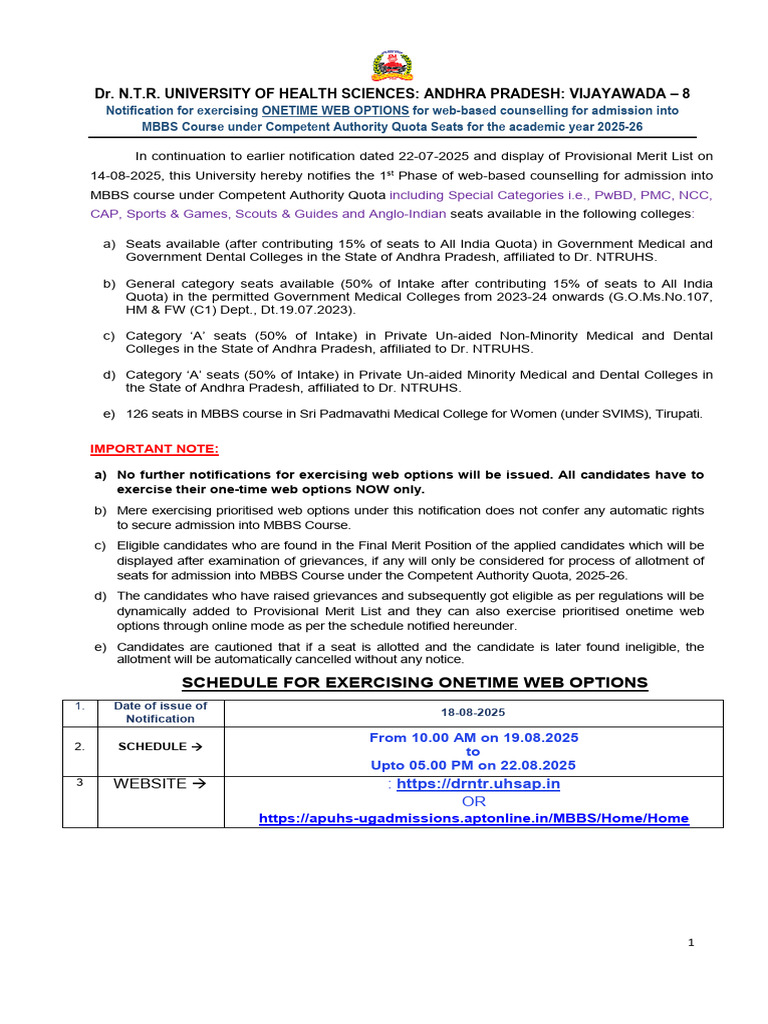 1st Phase MBBS CQ - 2025-26 Notification For Onetime Web Options | PDF