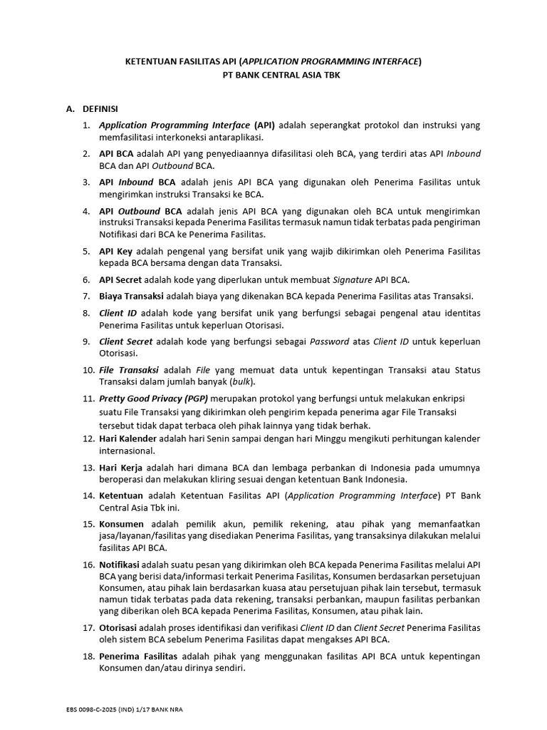 Ketentuan Fasilitas API BCA 2025 | PDF