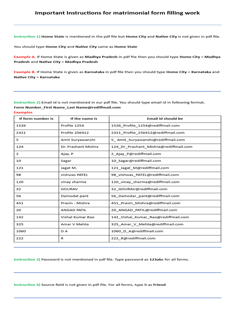 Matrimonial Form Filling Instructions | PDF