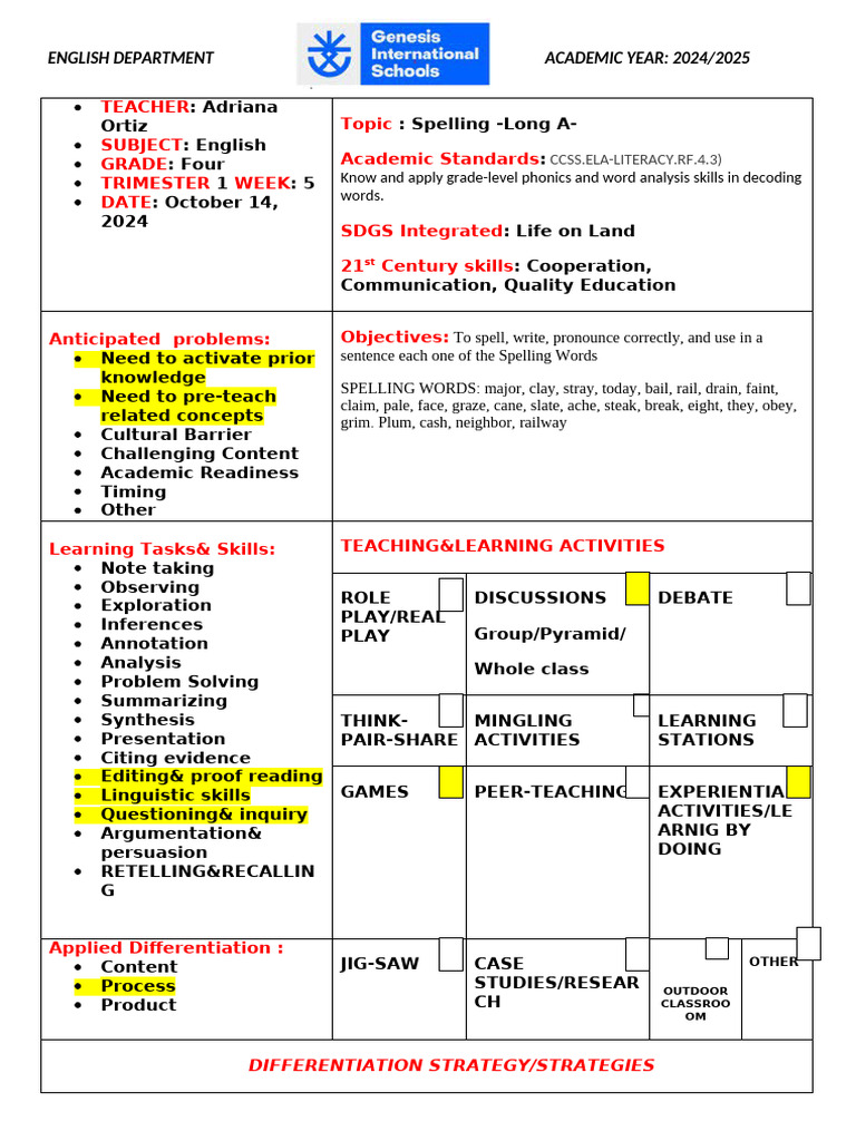 Grade 4 Long A Spelling Lesson Plan | PDF | Linguistics | Cognitive Science