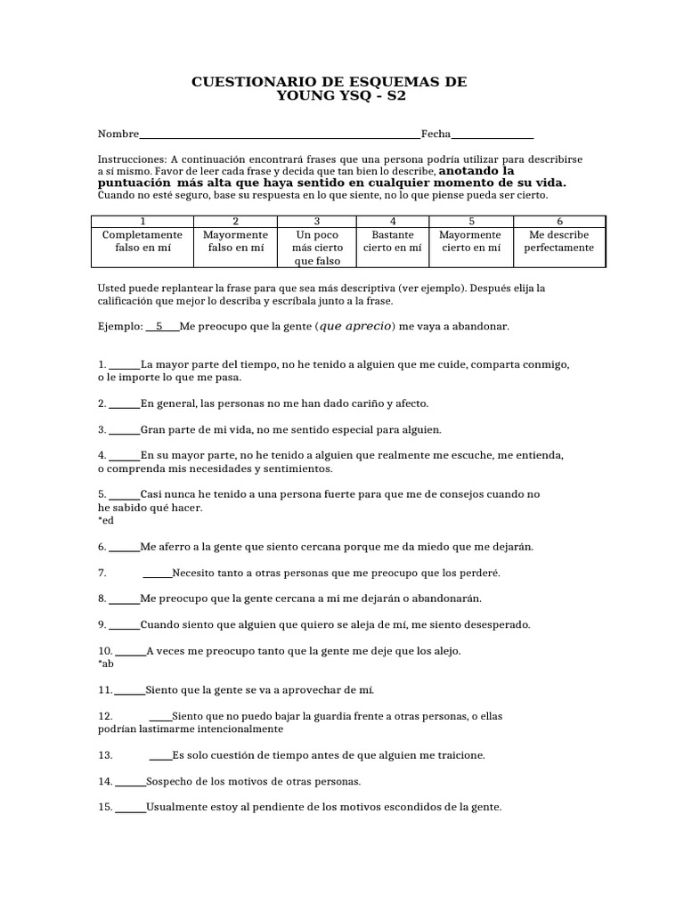 Cuestionario de Esquemas YSQ - S2 | PDF