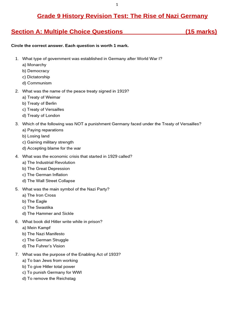 Grade 9 Nazi Germany History Test | PDF | Nazi Germany | Adolf Hitler