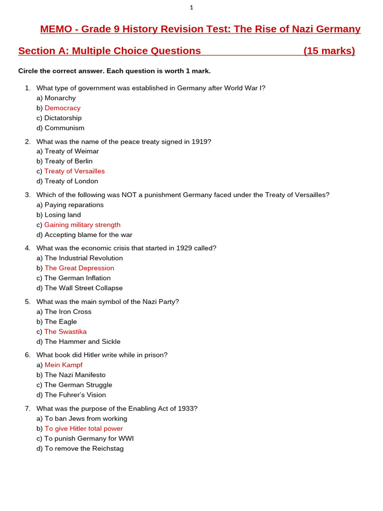 Grade 9 History Revision Test - The Rise of Nazi Germany MEMO | PDF ...