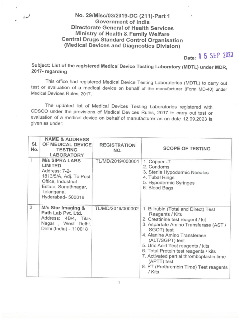CDSCO Approved Medical Device Testing Labs | PDF