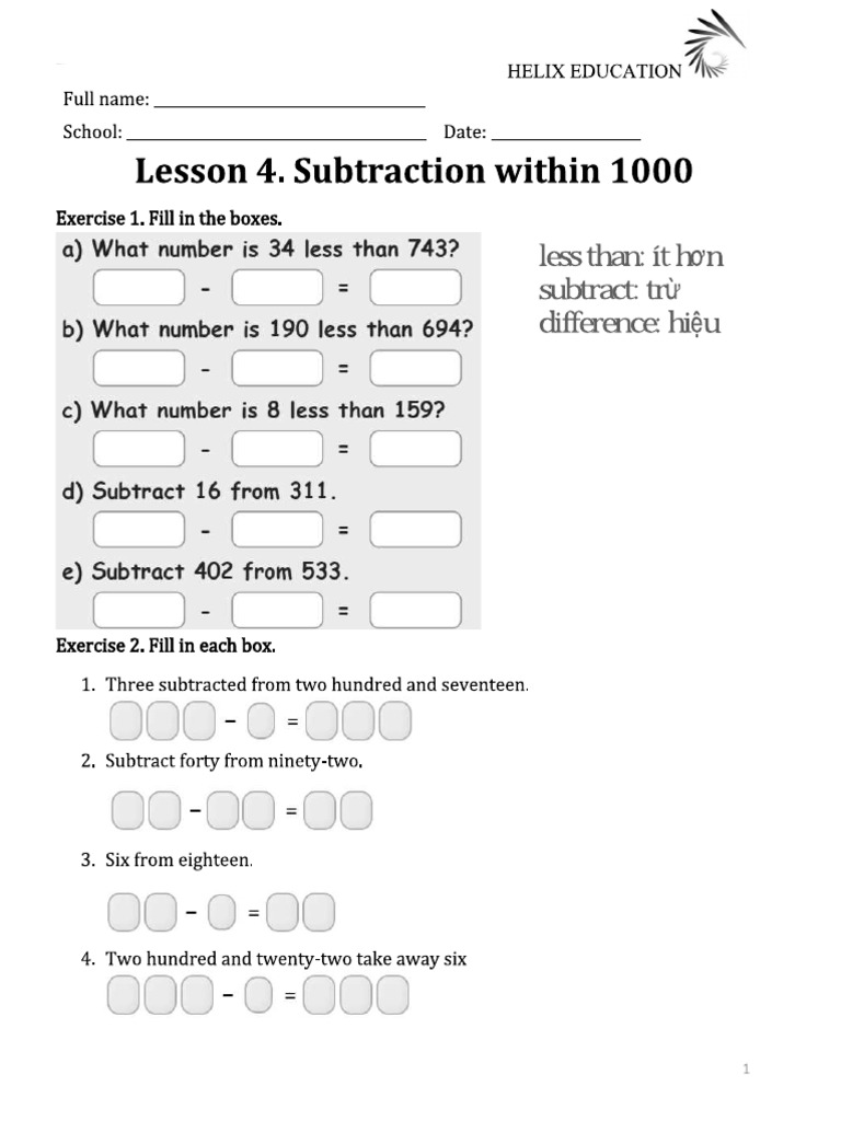 Subtraction Within 1000 | PDF