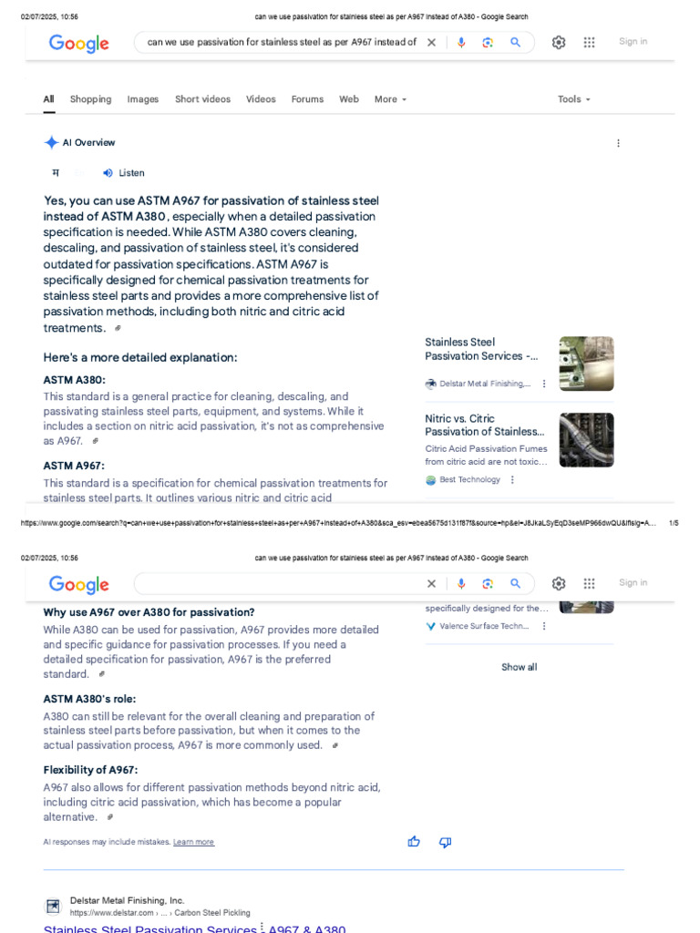 A967 vs A380 for Stainless Steel Passivation | PDF | Stainless Steel ...