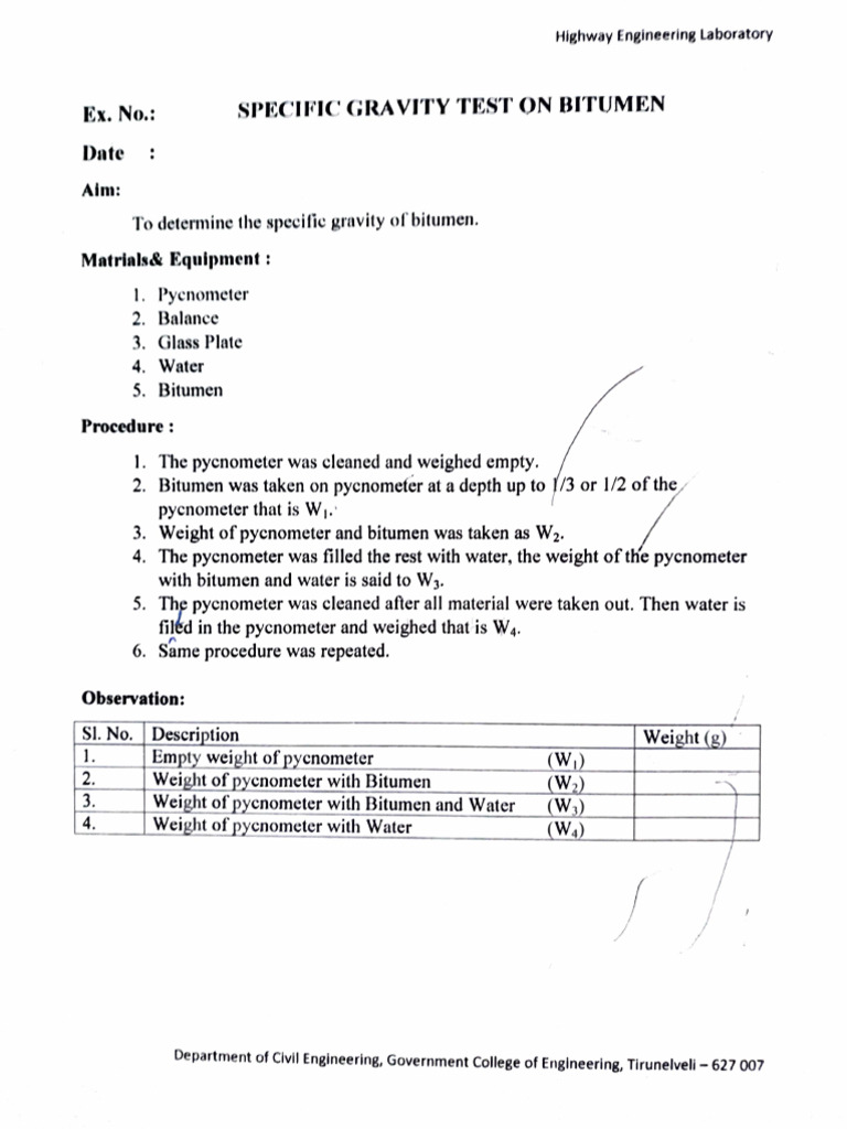 Specific Gravity of Bitumen Test | PDF