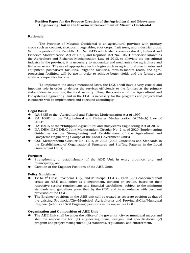 Position Paper For The Propose Creation of The ABE | PDF | Agriculture
