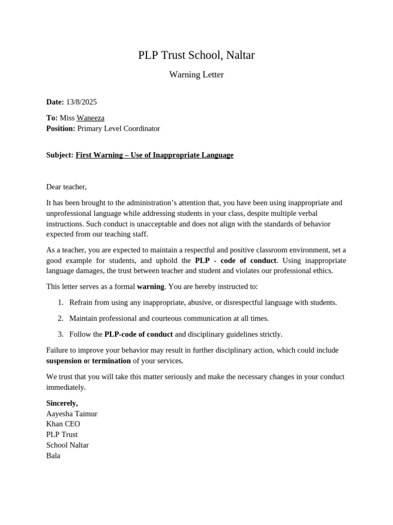 PLP Trust School Warning Letter | PDF