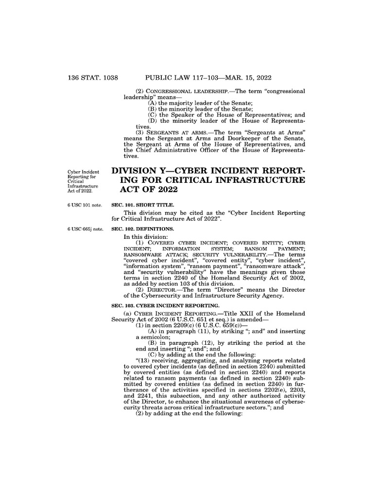 Cyber Incident Reporting For Critical Infrastructure Act of 2022 | PDF