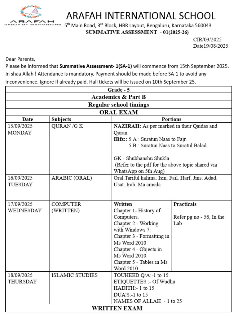 Grade 5 Summative Assessment - 01 Time Table and Portion Paper (2025-26 ...