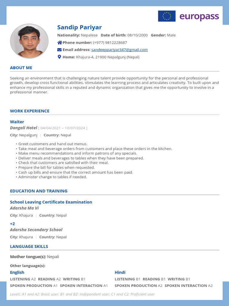 Nepalese Waiter CV with Language Skills | PDF