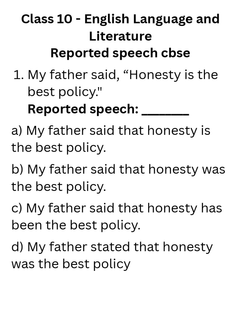 Class 10 - English Language and Literature Reported Speech Test 01 ...