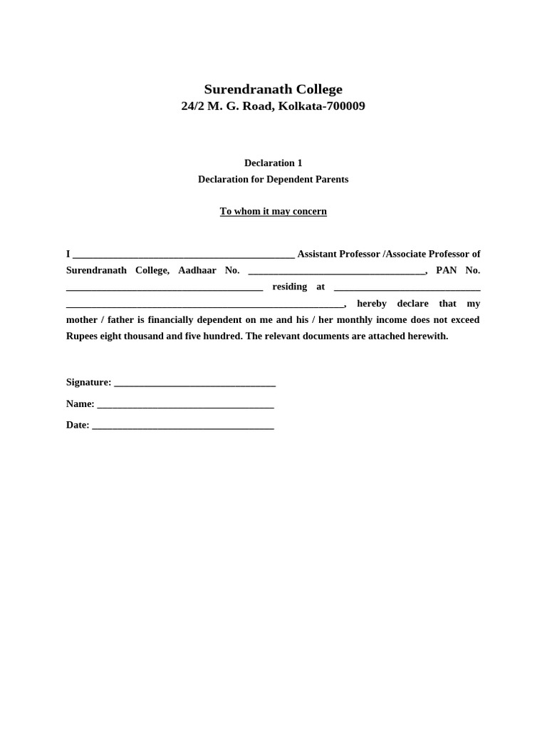 Financial Dependency Declarations Template | PDF | Social Institutions ...