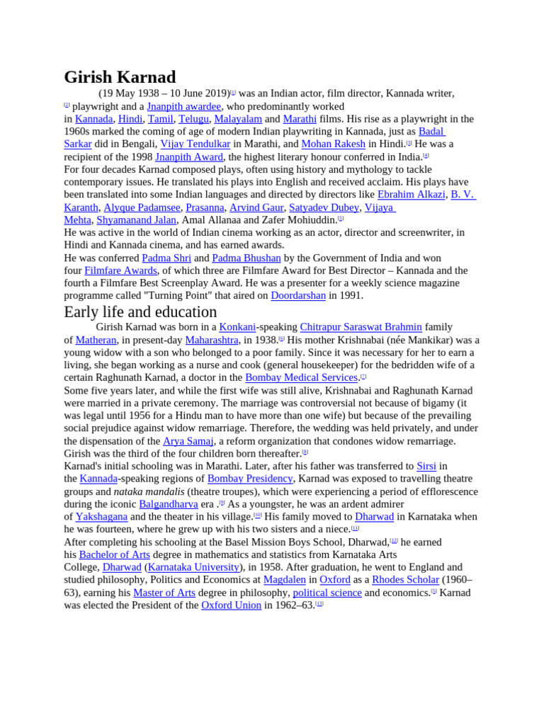 Girish Karnad's Biography | PDF