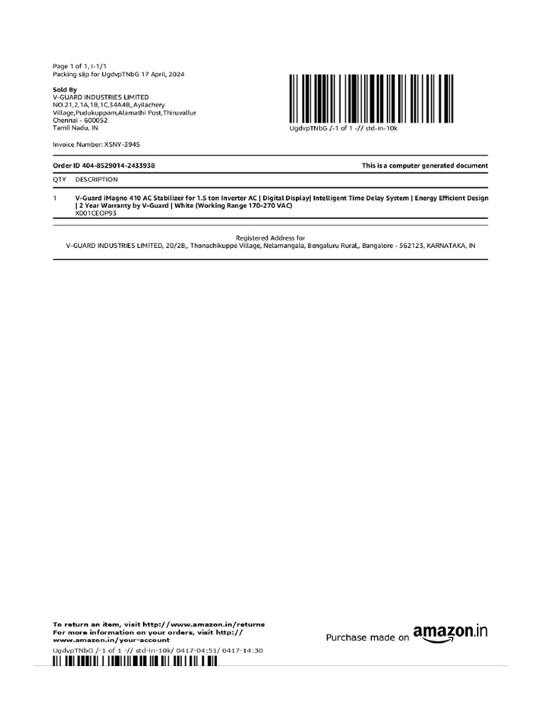 V-Guard Warranty Slip | PDF