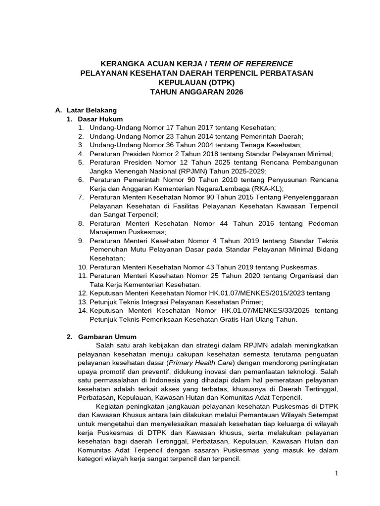 Template TOR Keg. Penyelenggaraan Modifikasi Pelayanan Kesehatan Di DTPK | PDF